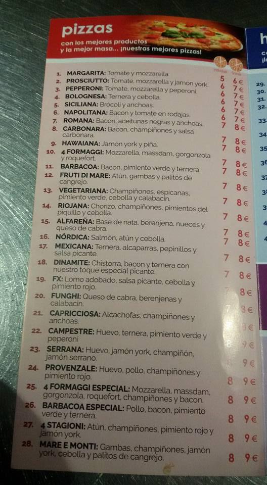 Carta de Bar Pizzeria FX, Alfaro