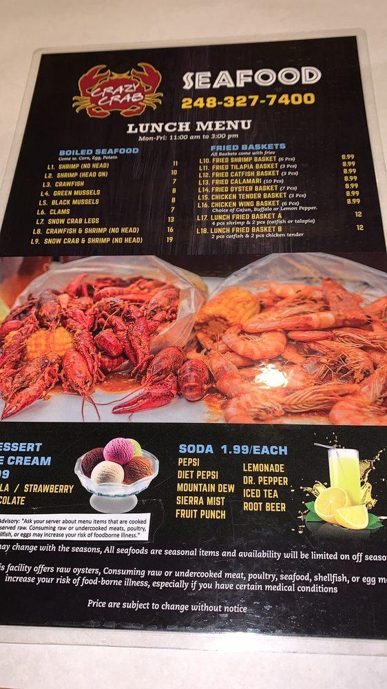 Menu at Crazy Crab restaurant, Southfield