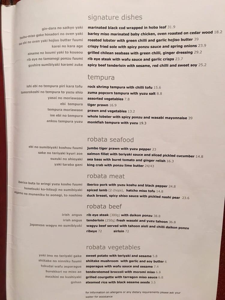 Menu at Zuma London pub & bar, London