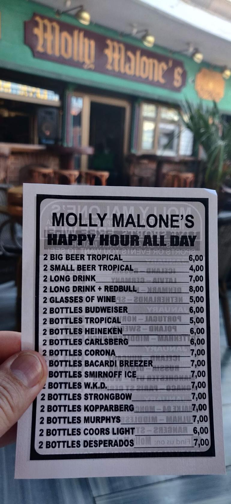 Menu at Molly Malones pub & bar, Maspalomas