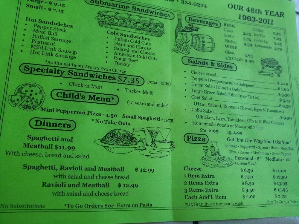 Menu at Tony Baloney's restaurant, Sacramento