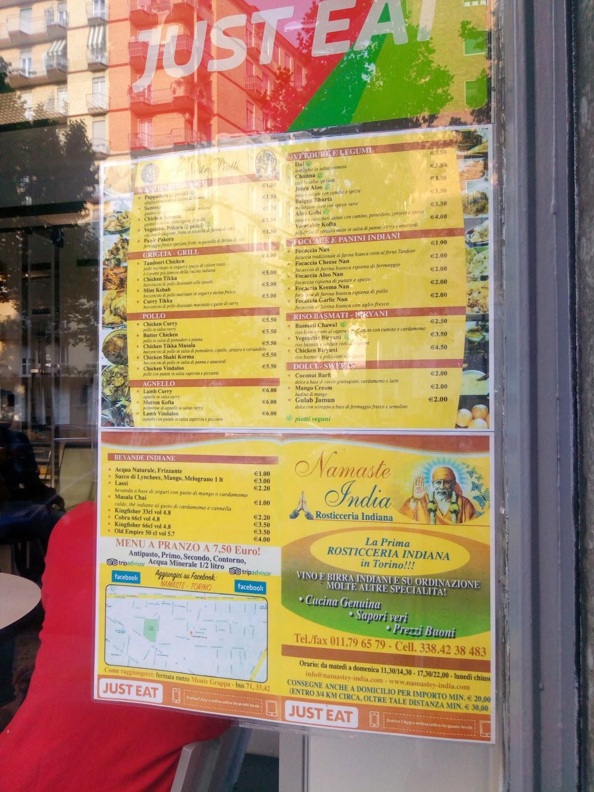 Menu da Namaste India ristorante, Torino