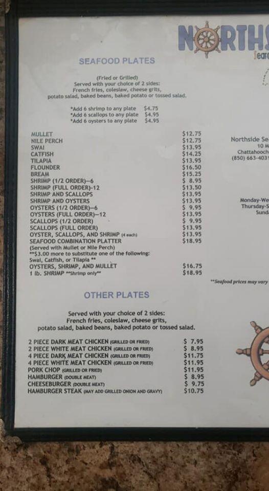 Menu at Northside Seafood restaurant, Chattahoochee