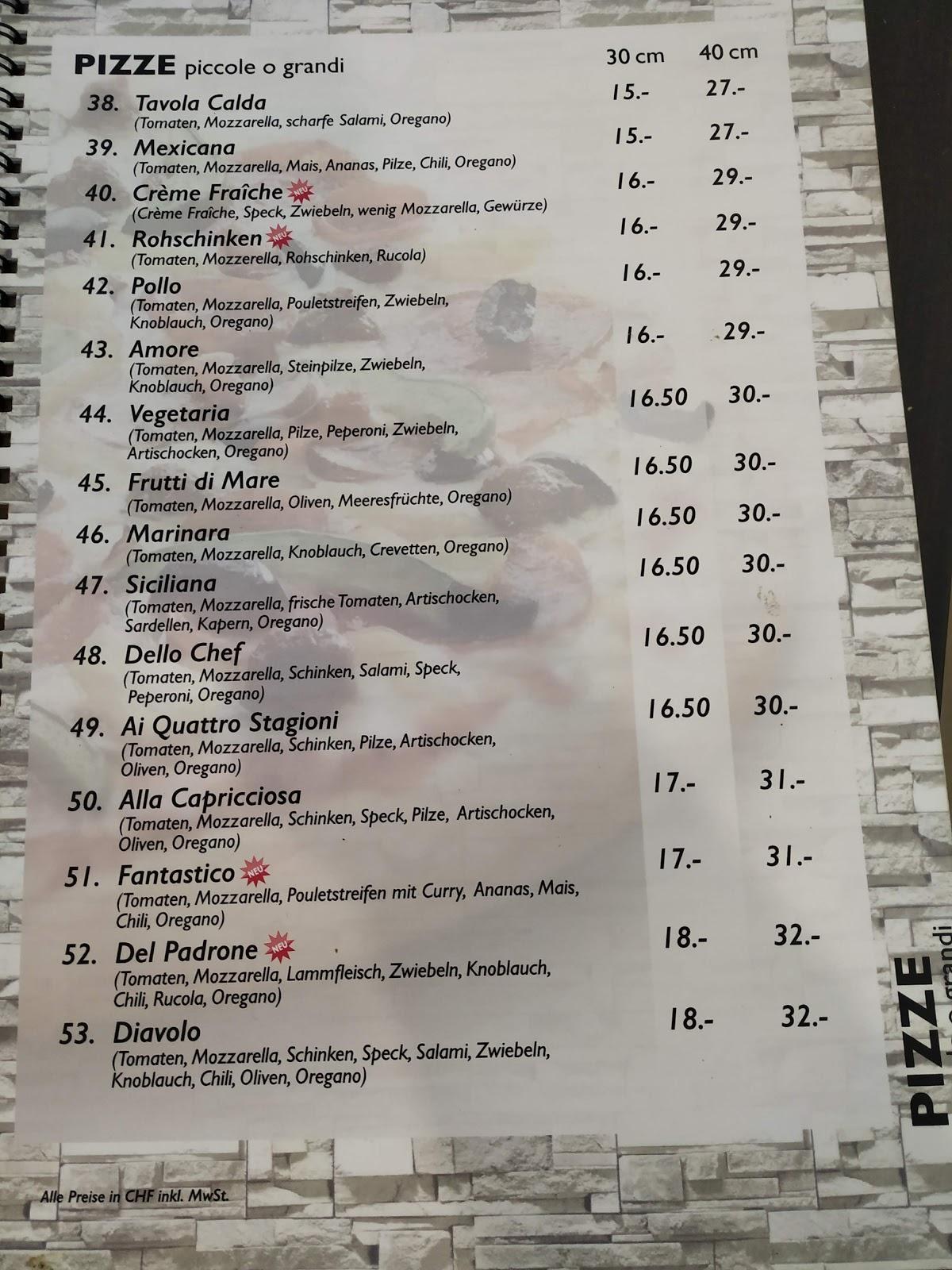 Speisekarte von Pizzeria Tavola Calda, Bern