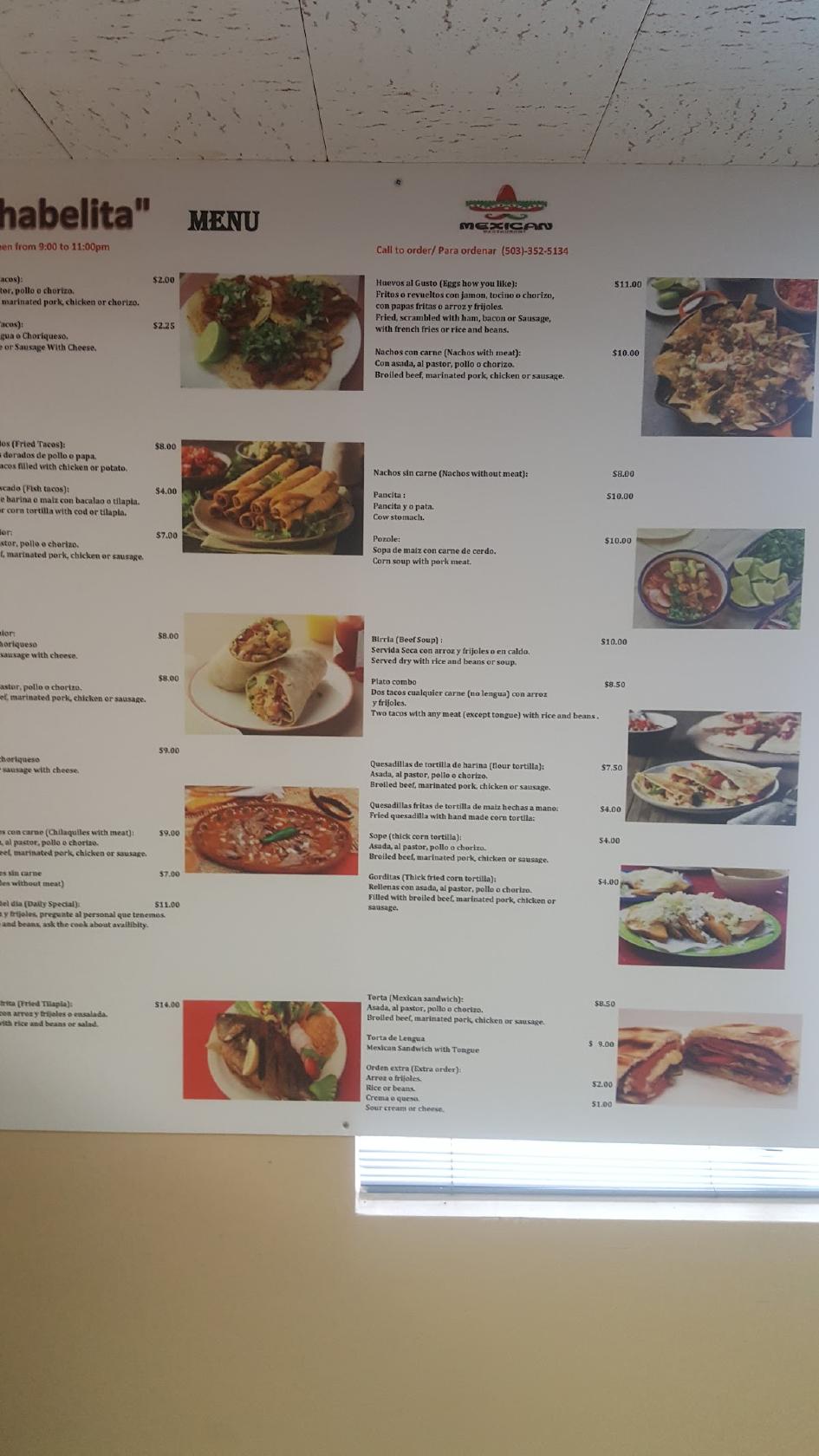 Menu at La Chabelita Taqueria restaurant, Beaverton
