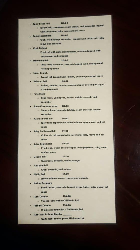 Menu at Sumo Japanese Restaurant, Longview