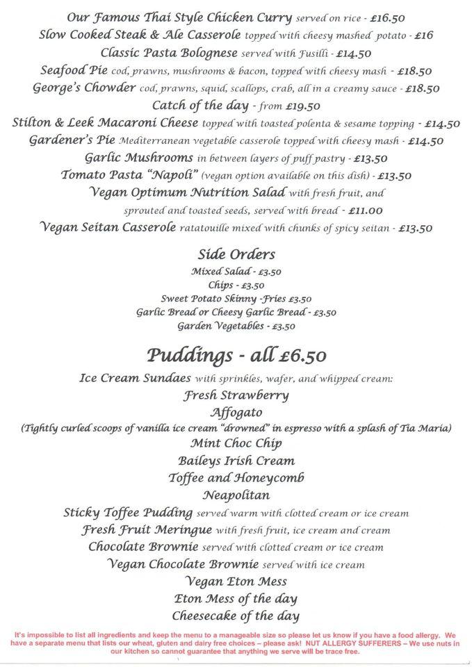 Menu at The George's restaurant, Haverfordwest