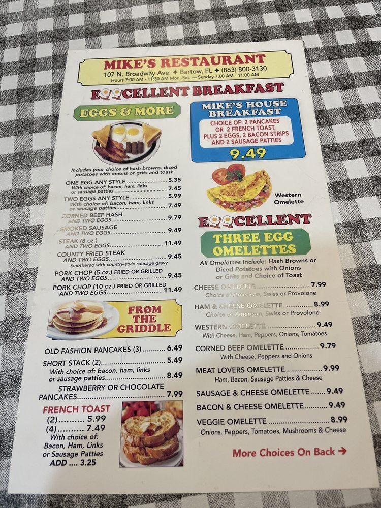 Menu at The Original Mike's Grill steakhouse, Bartow