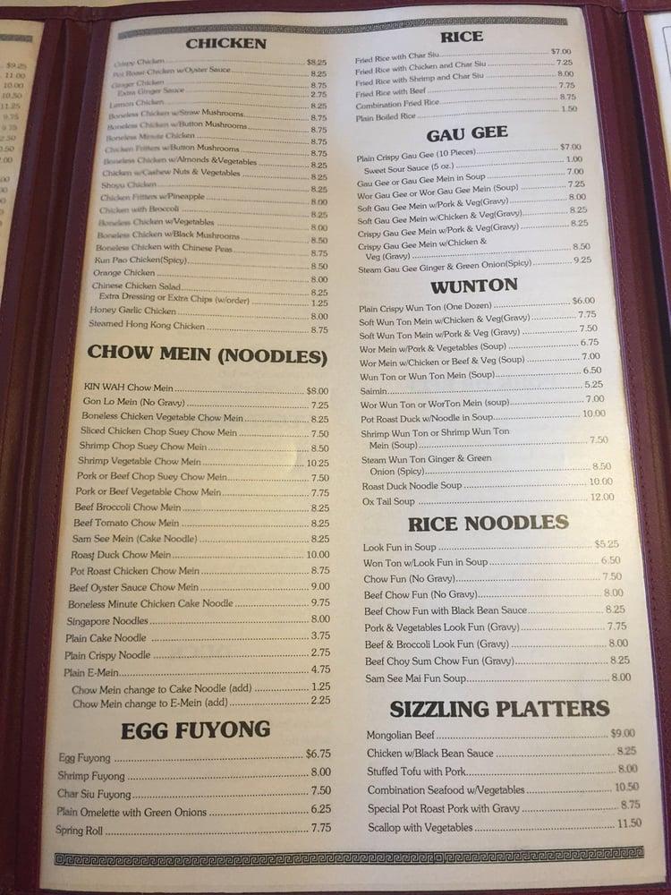 Menu at Kin Wah Chop Suey restaurant, Kaneohe