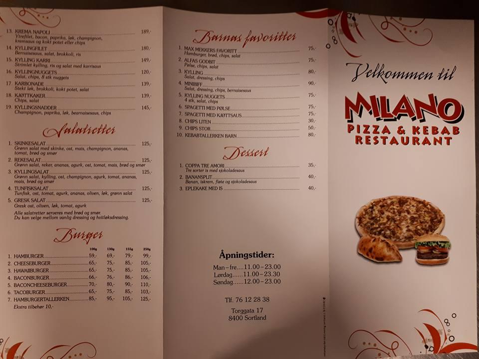 Menu at Milano Pizzaresturant ANS restaurant, Sortland