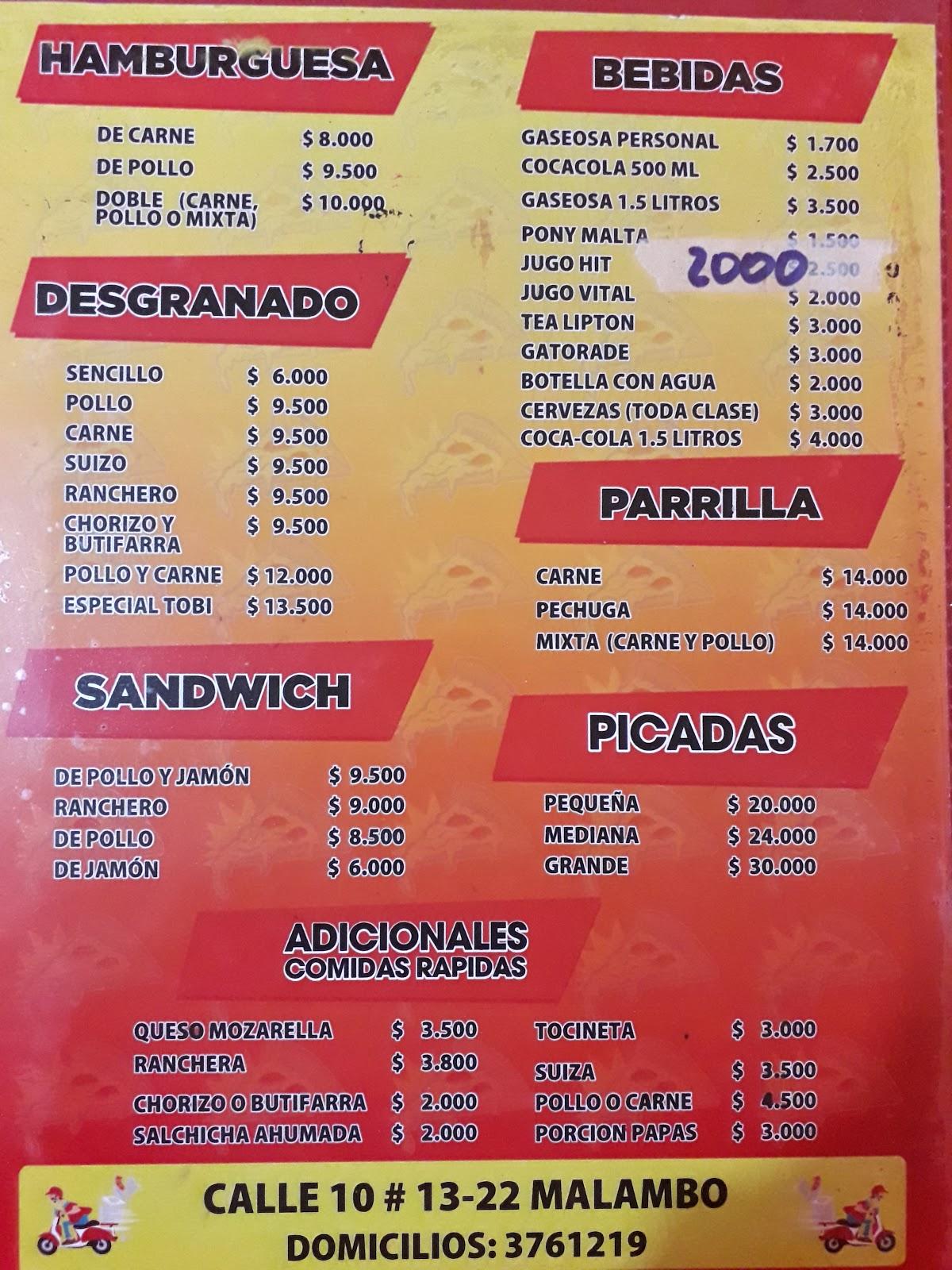 Menu at Pizzería El Tobi Malambo, Malambo