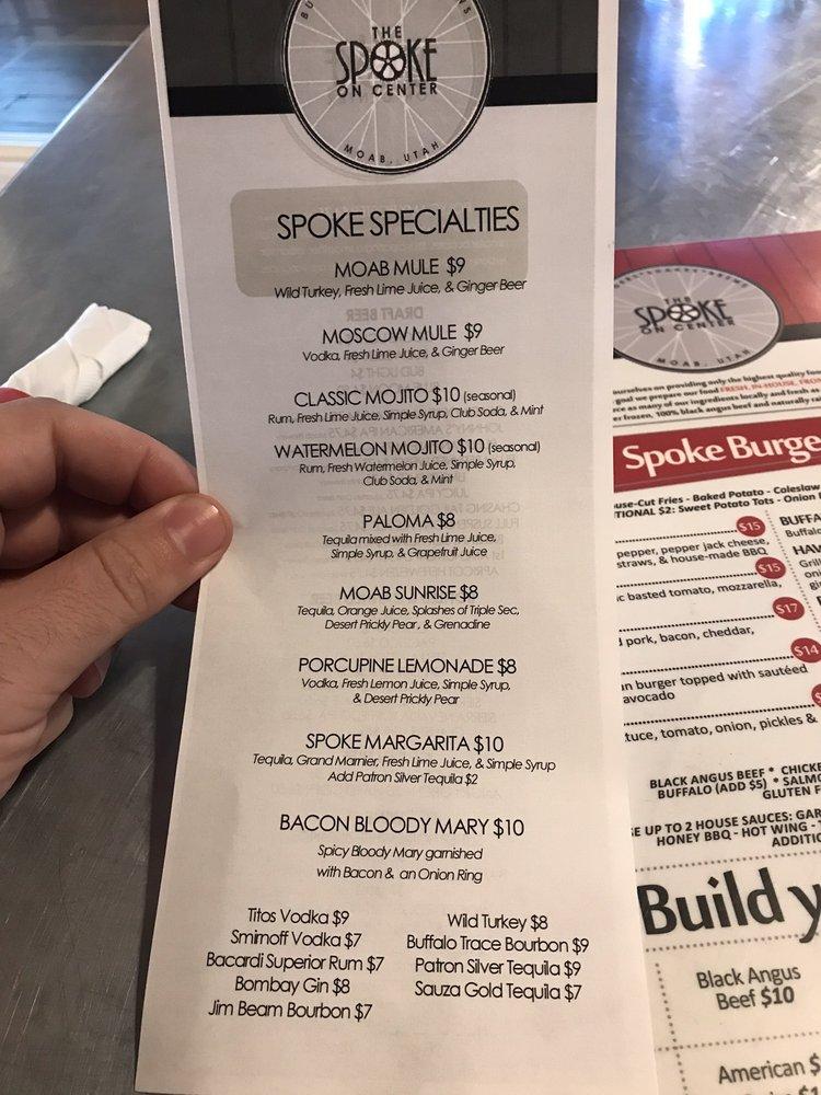 Menu at The Spoke on Center restaurant, Moab