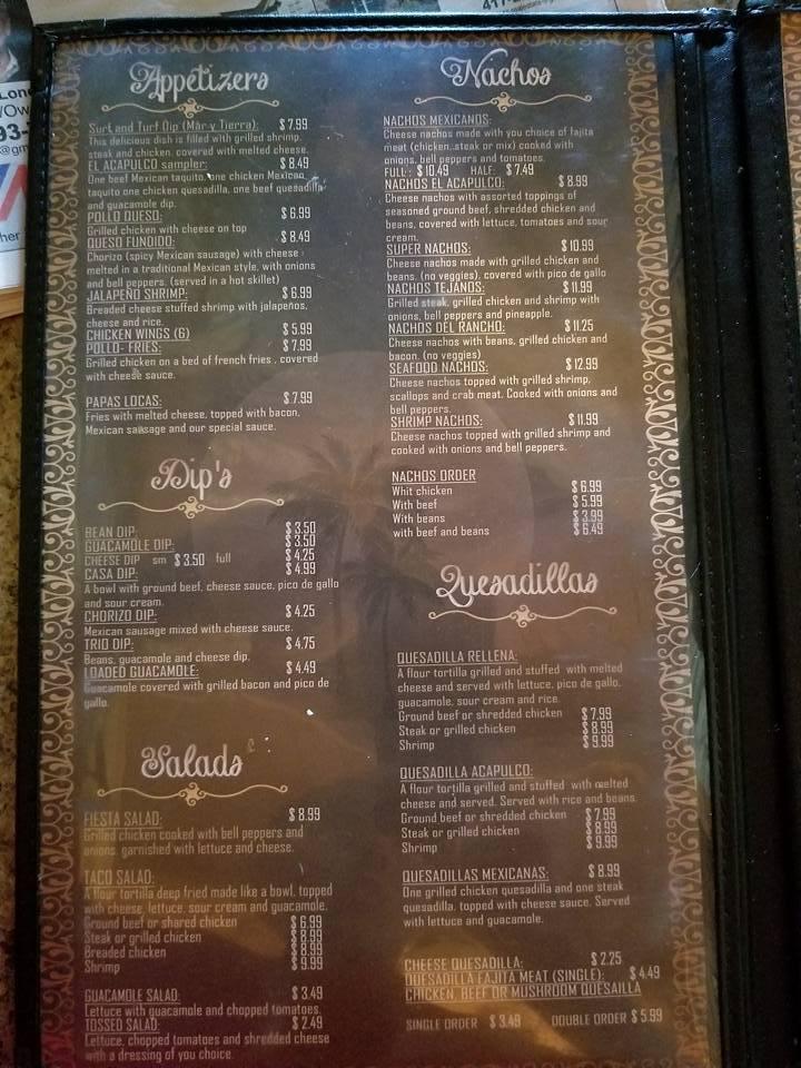 Menu at El Acapulco restaurant, Pocahontas, US-67