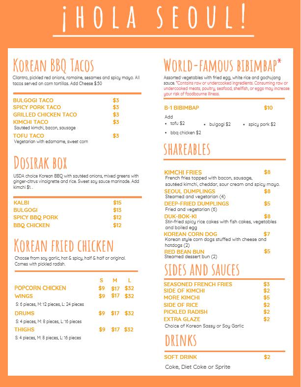 Menu at Hola Seoul restaurant, Novi