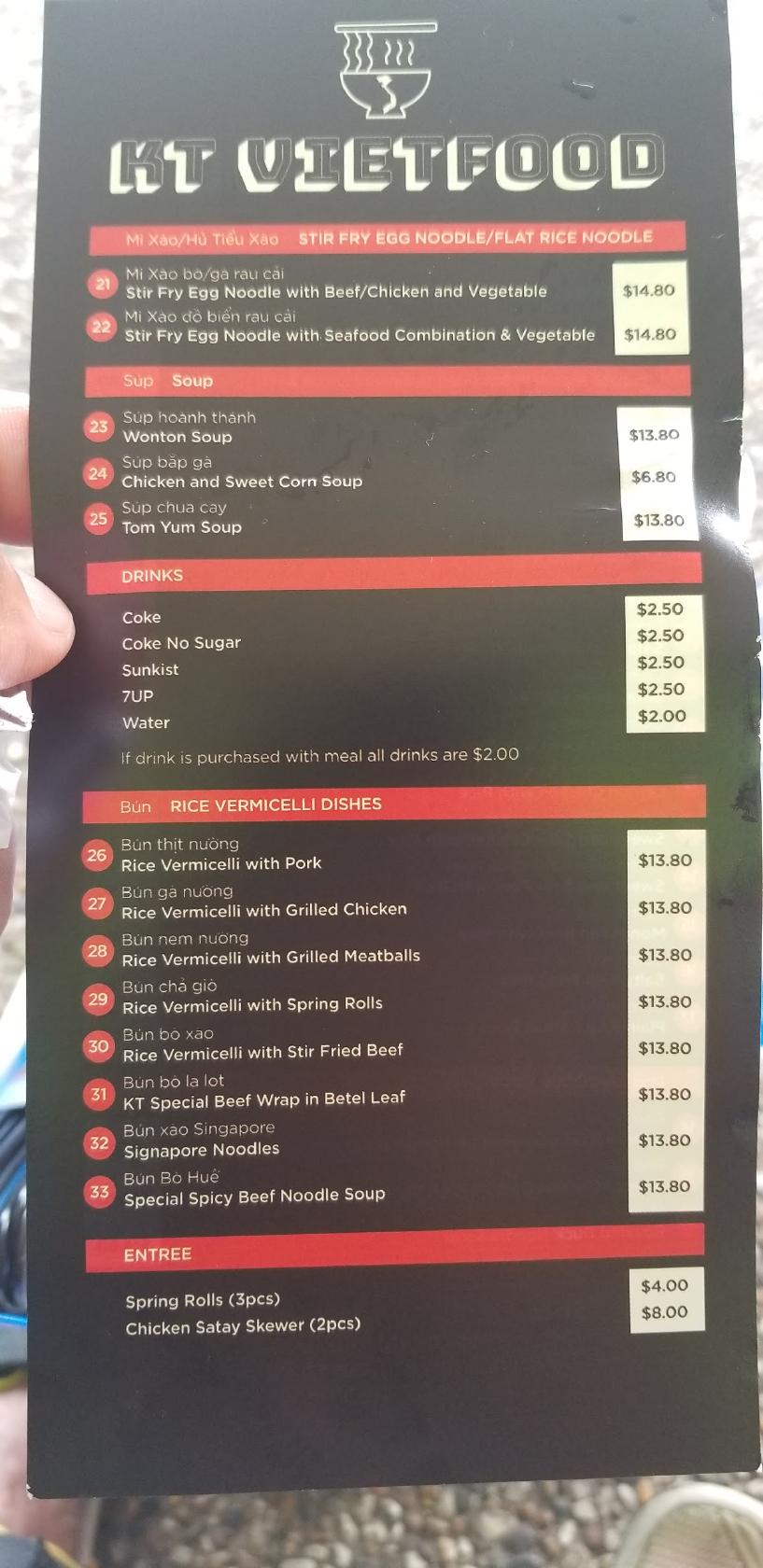 Menu at KT VietFood restaurant, Avoca