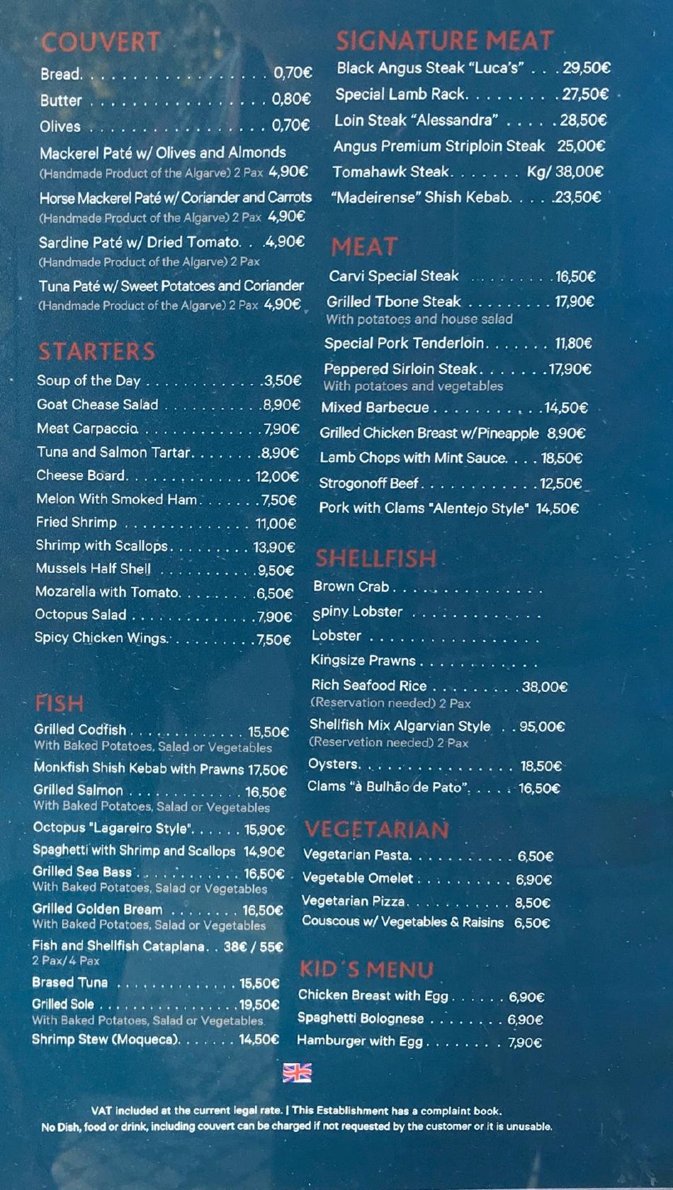 Menu at Luca’s Rooftop Restaurant, Lagos