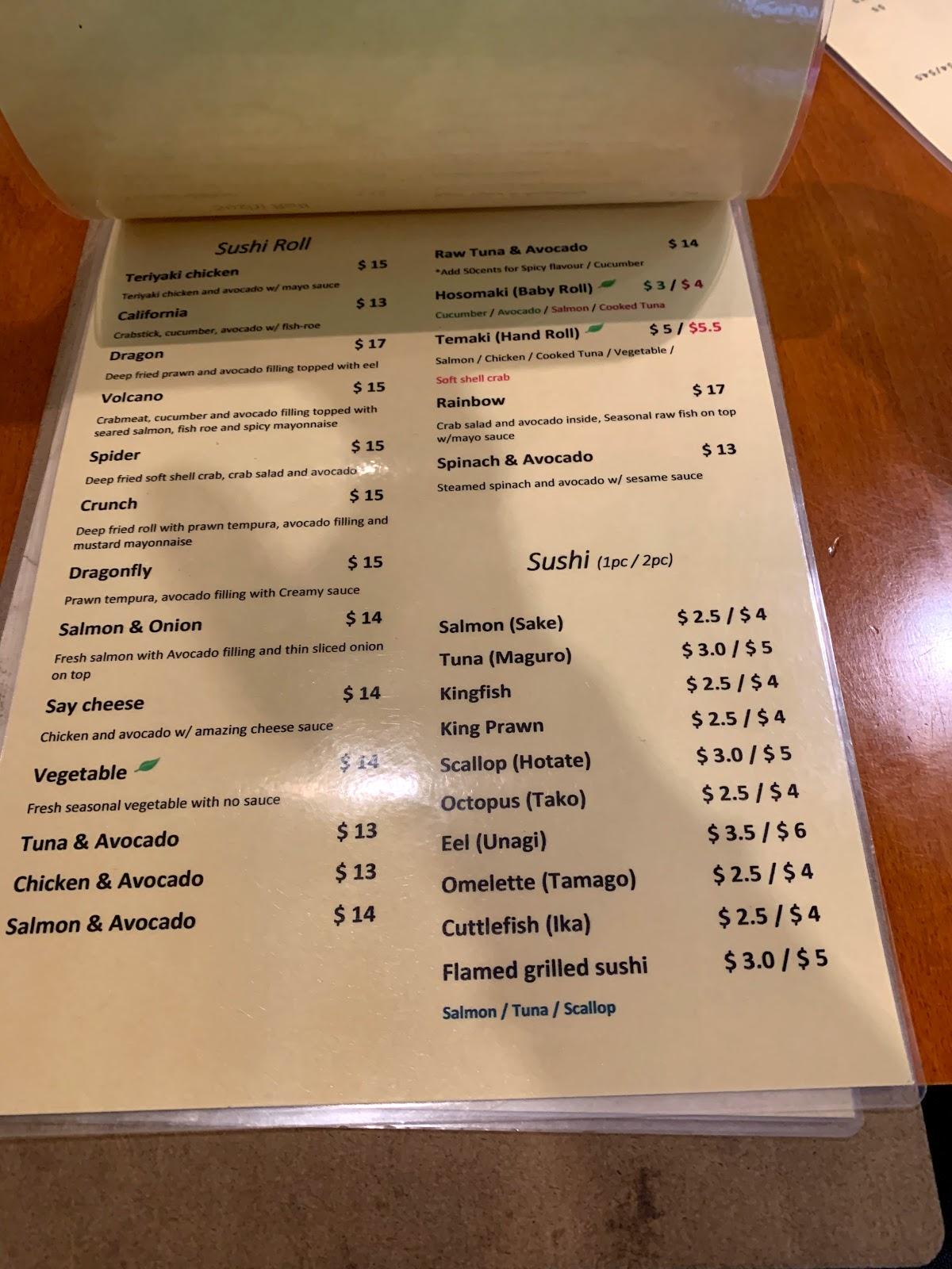 Menu at Mori Japanese Restaurant, Glebe