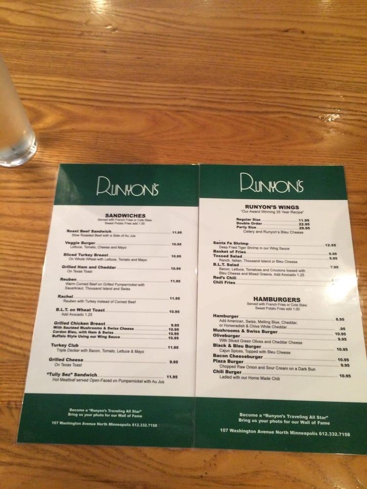 Menu at Runyon's pub & bar, Minneapolis
