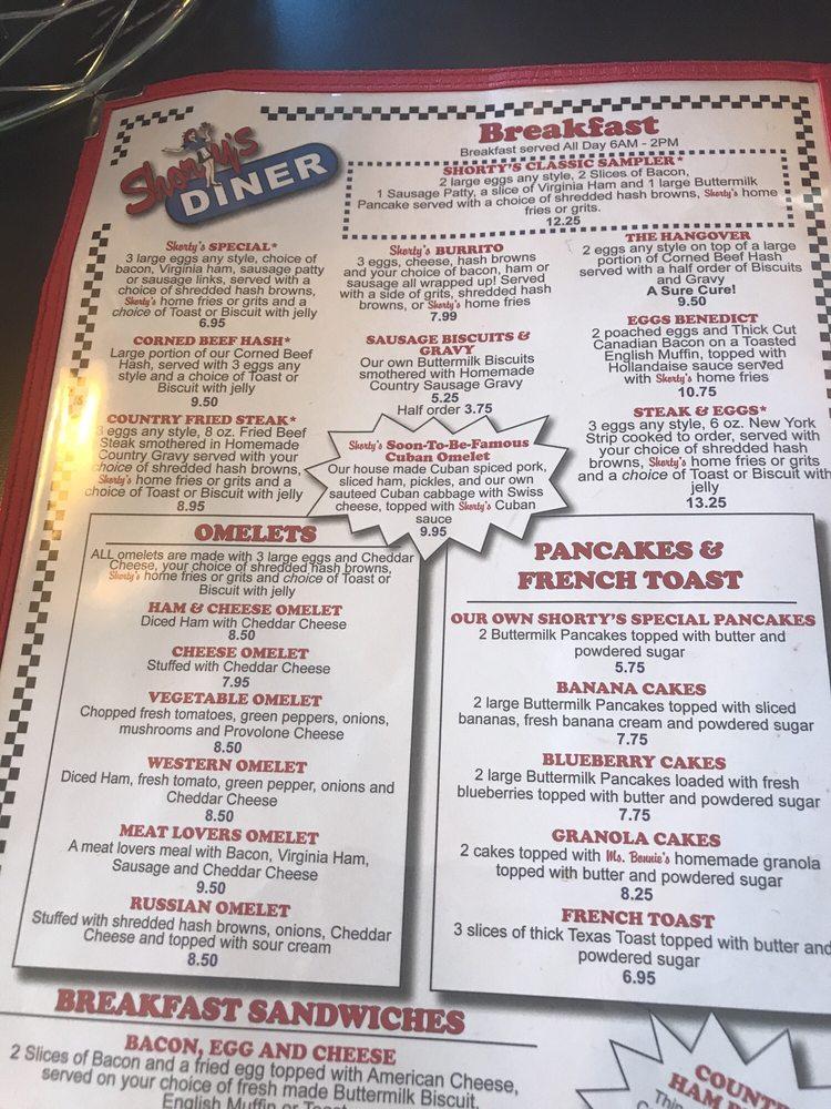 Menu at Shorty's Diner restaurant, Williamsburg