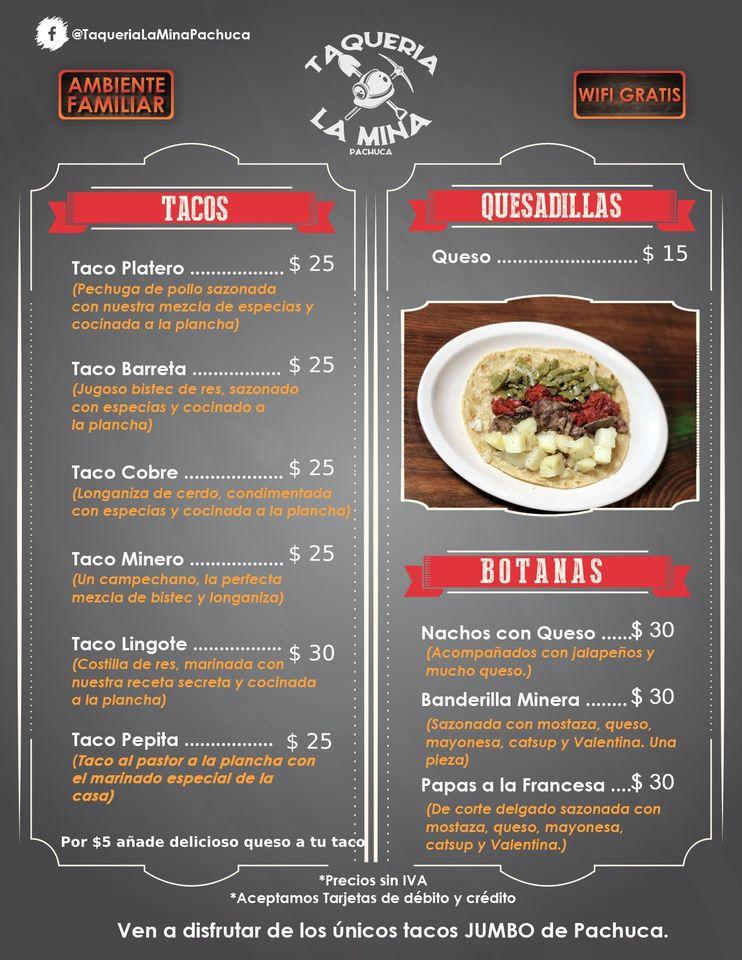 Menu at Taquería la Mina restaurant, Zongozotla