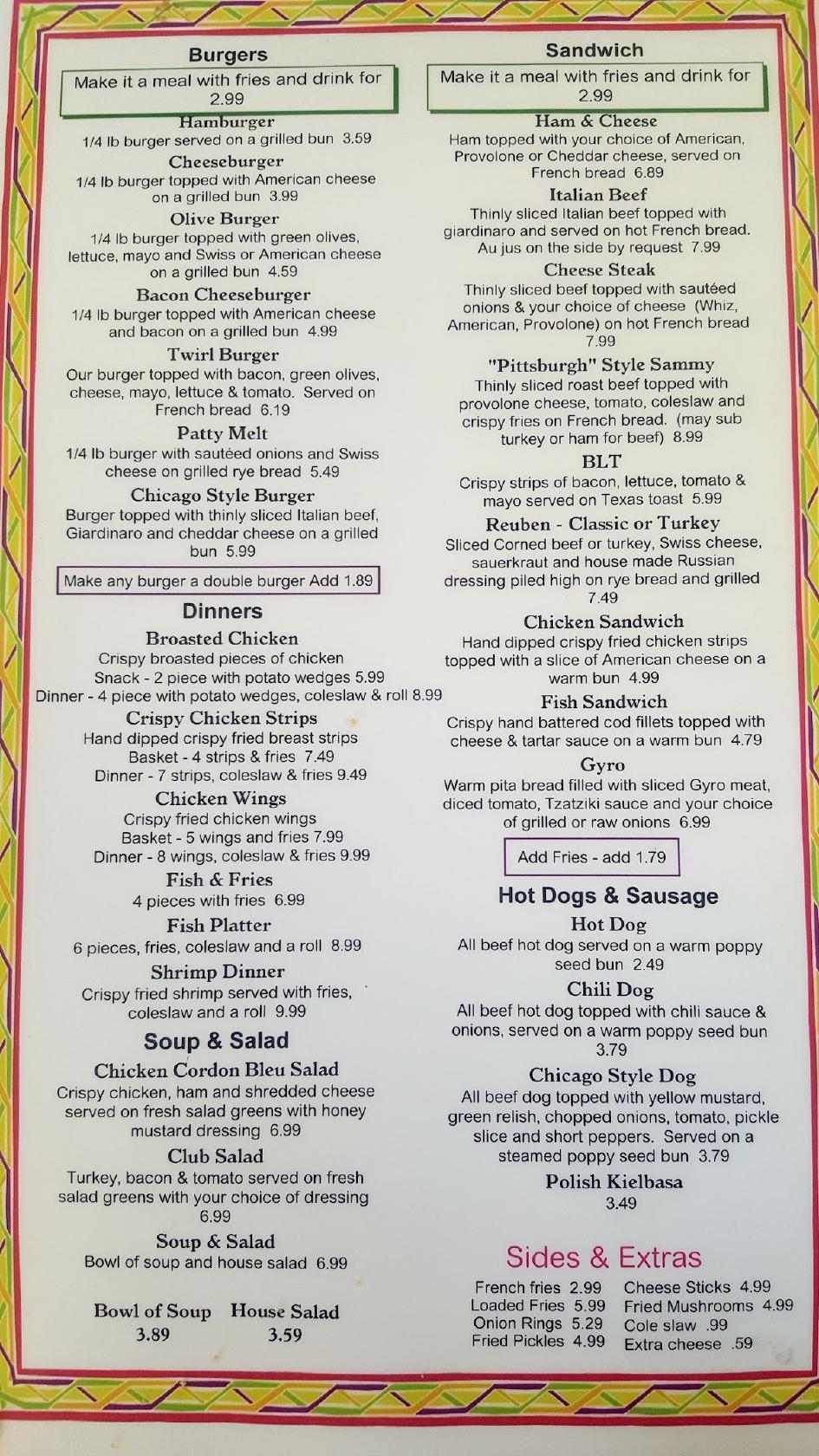 Menu at The Twirl restaurant, Cassopolis