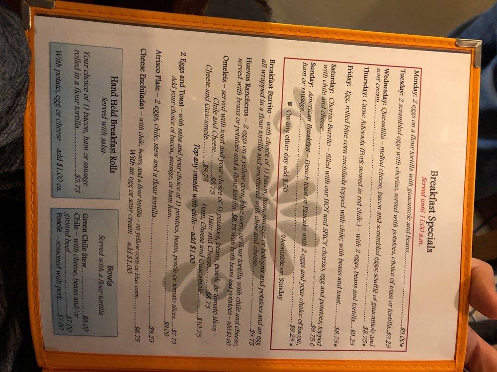 Menu at Tia Sophia's restaurant, Santa Fe