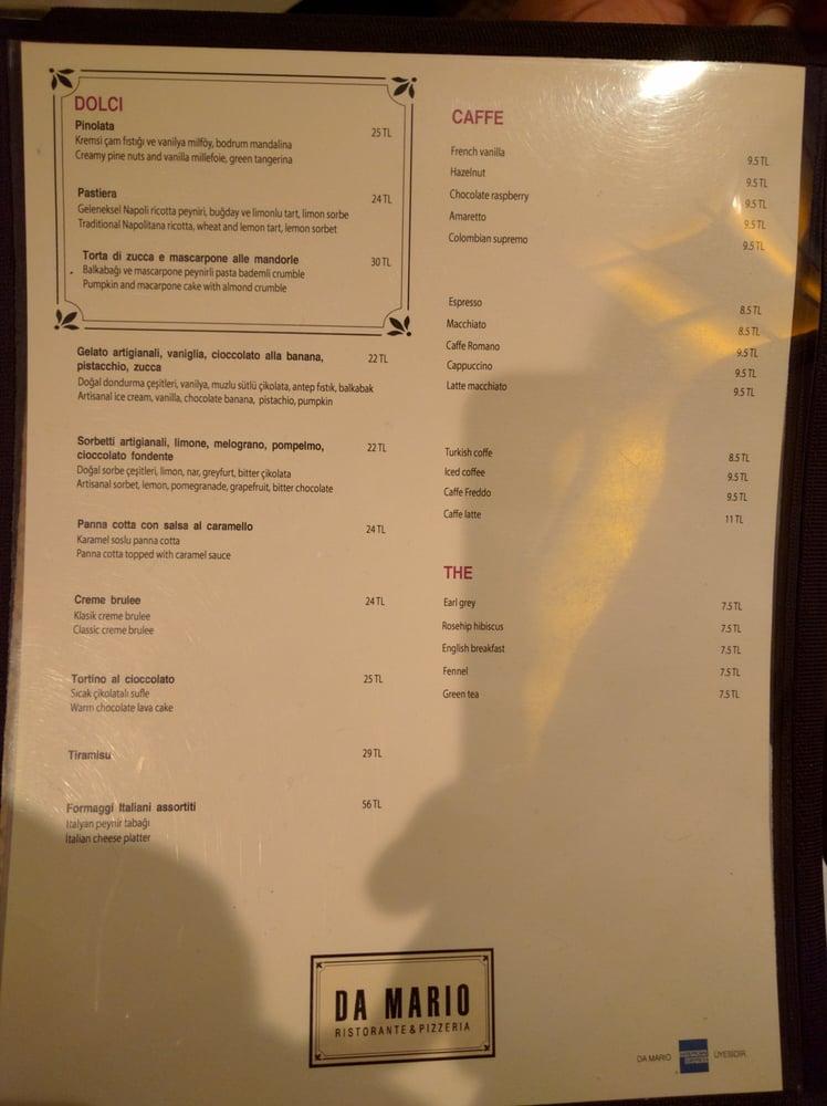 Menu at Da Mario, Istanbul, Etiler