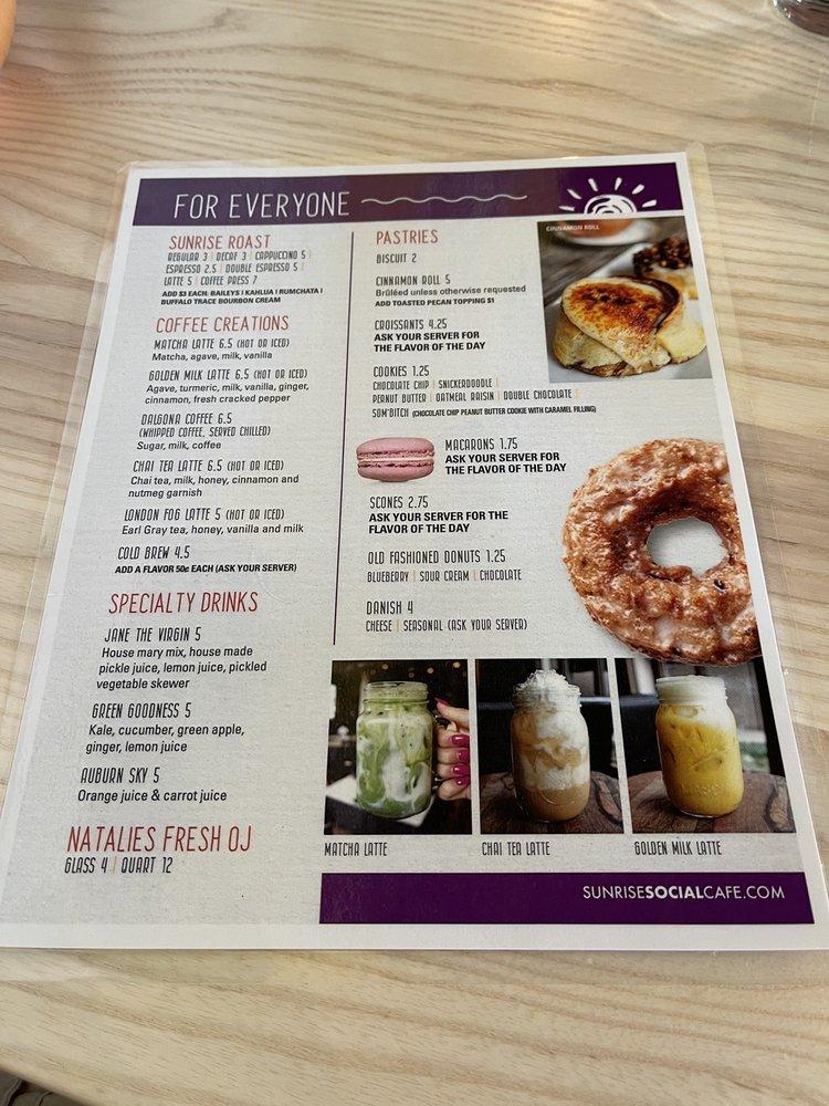 Menu at Sunrise Social restaurant, Green
