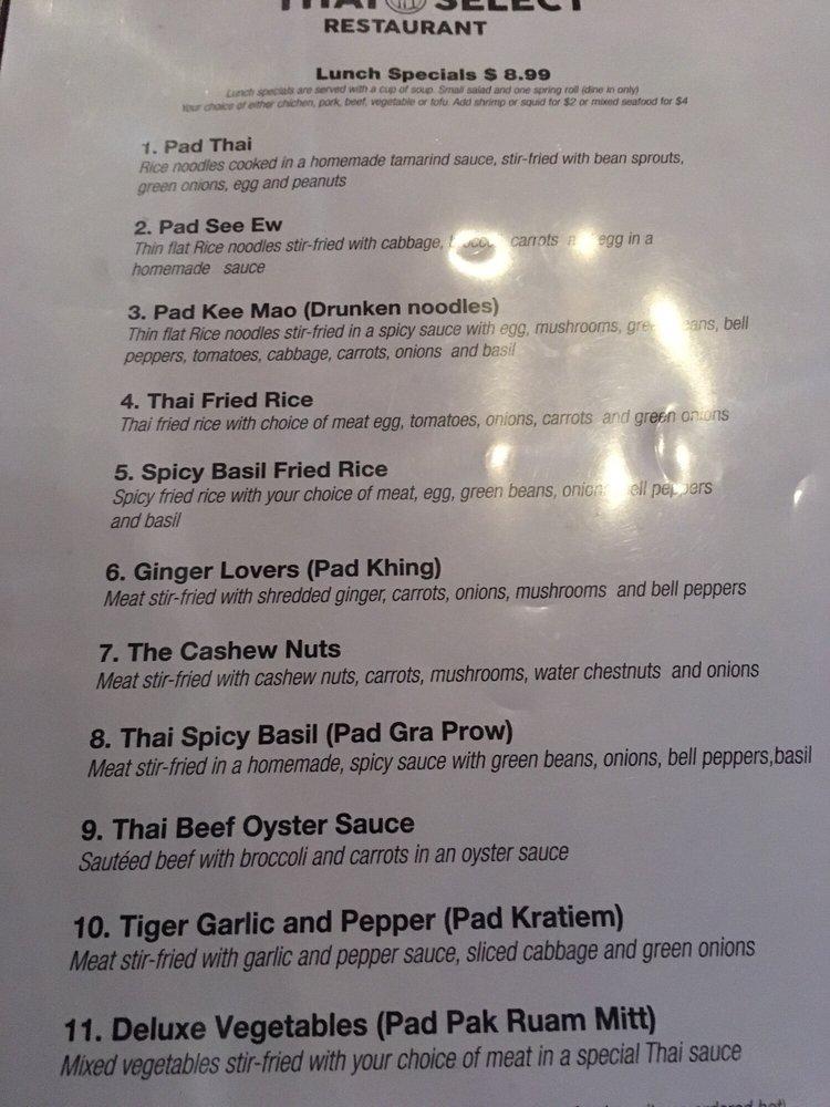 Menu at Thai Select Restaurant, Zionsville