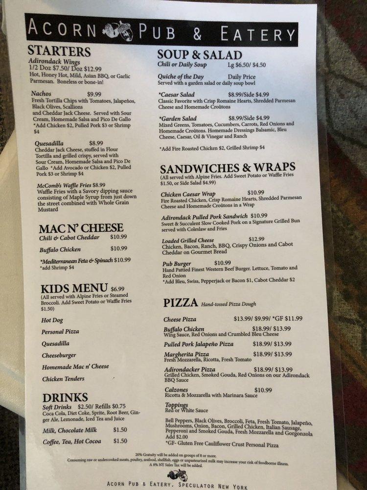 Menu at Acorn Pub & Eatery at Oak Mountain, Speculator