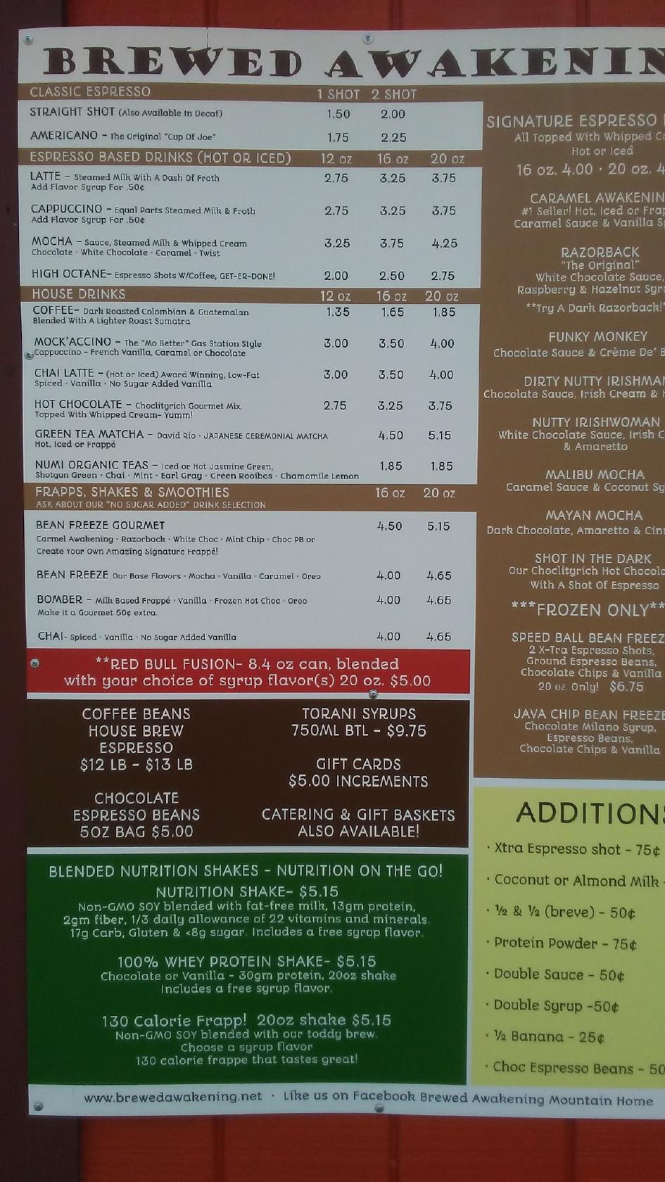 Menu at Brewed Awakening, Mountain Home, 121 Bomber Blvd