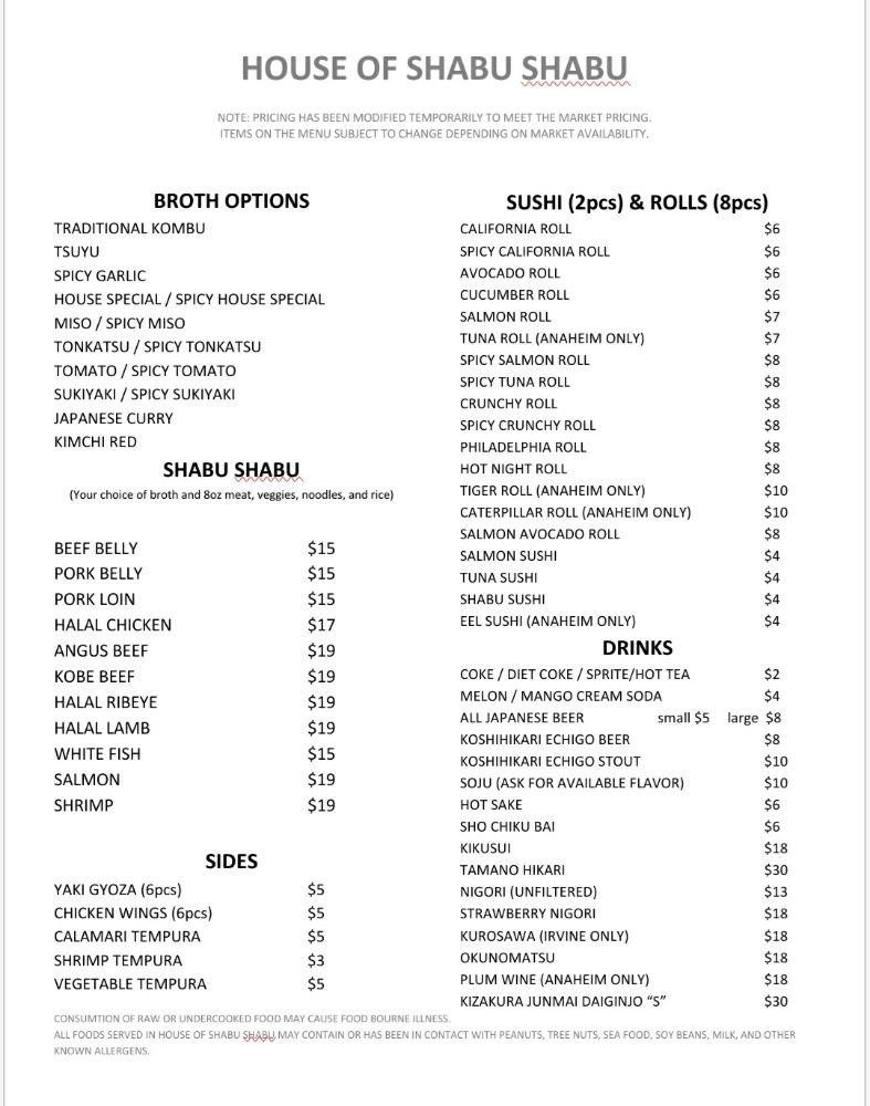 Menu at House of Shabu Shabu II restaurant, Anaheim