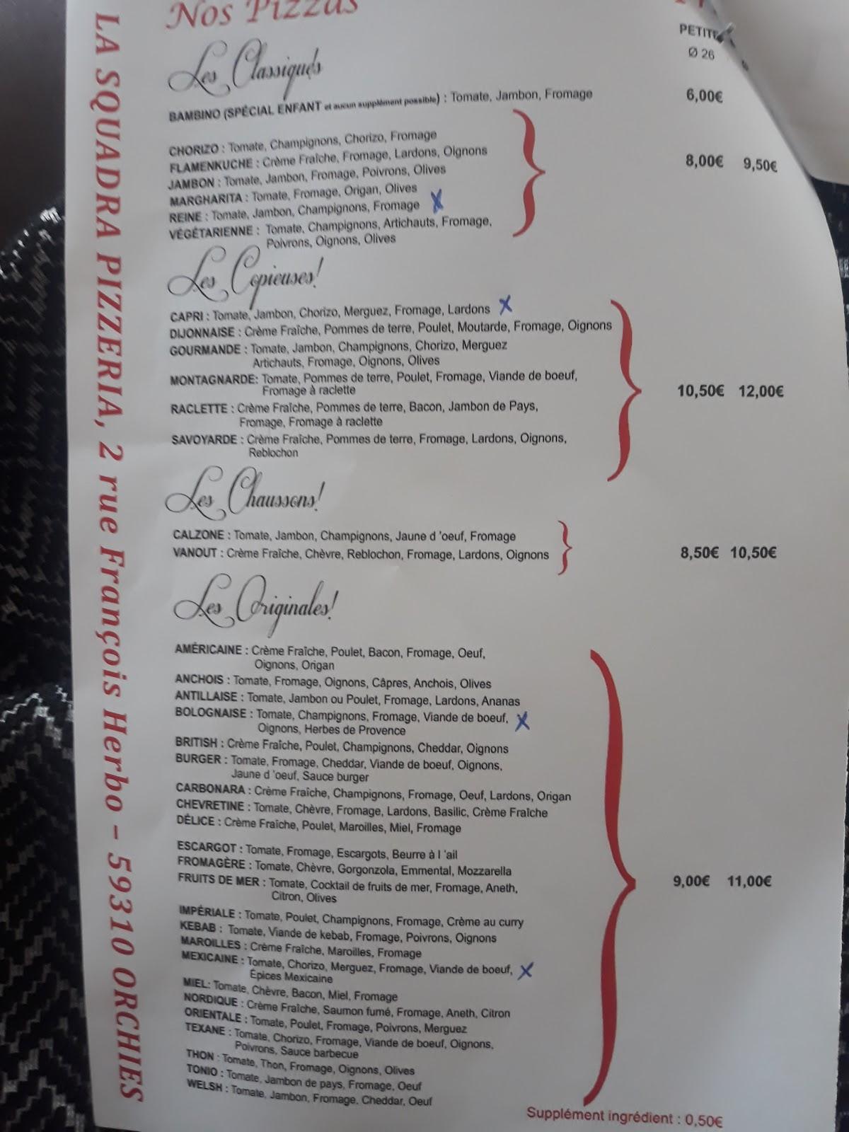 Menu au La Squadra pizzeria, Orchies