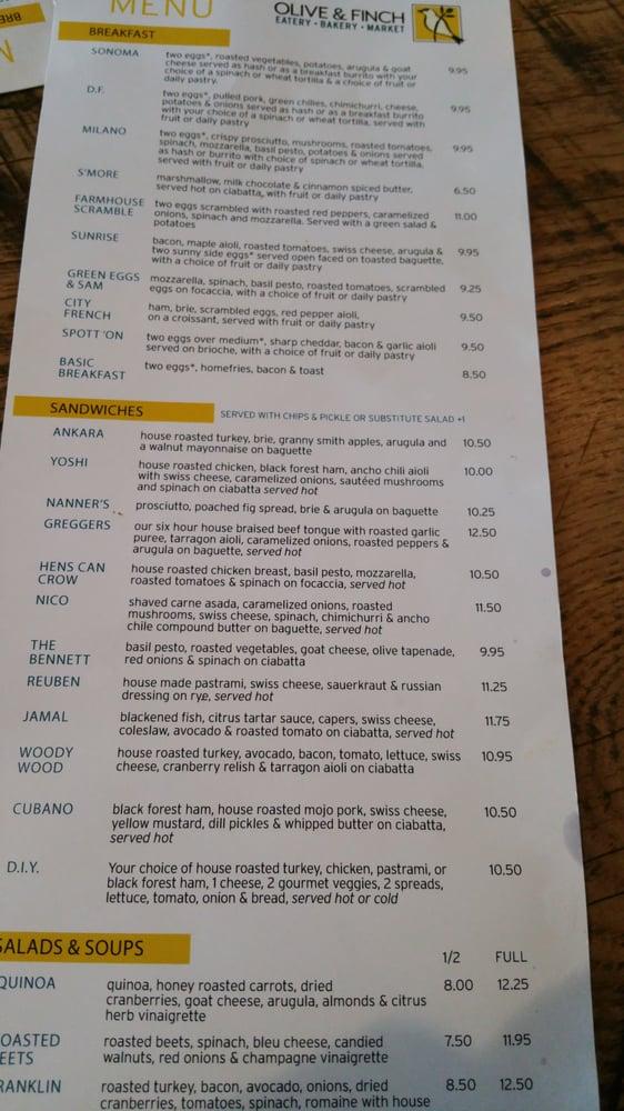 Menu at Olive & Finch cafe, Denver, E 17th Ave