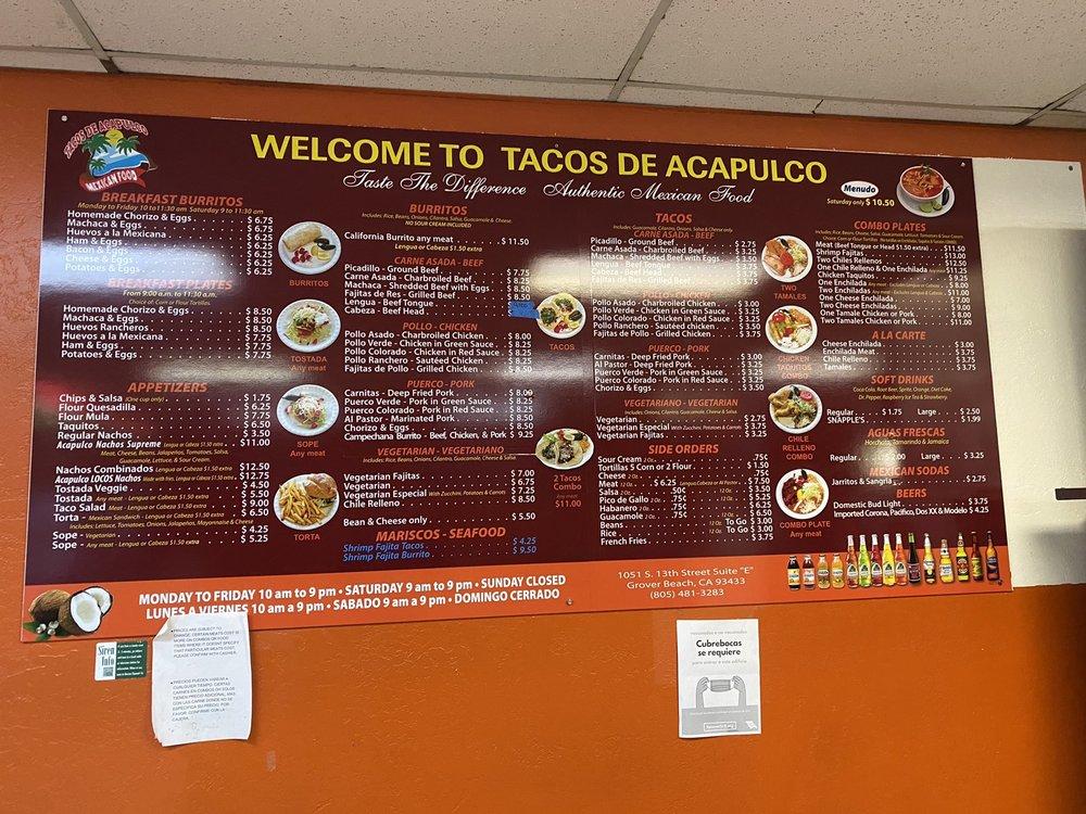 Menu at Tacos De Acapulco Grover Beach restaurant, Grover Beach