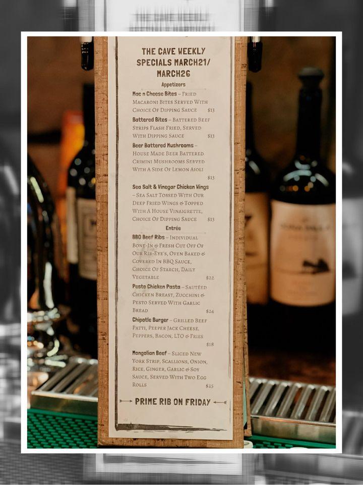 Menu at The Cave steakhouse, Delta Junction