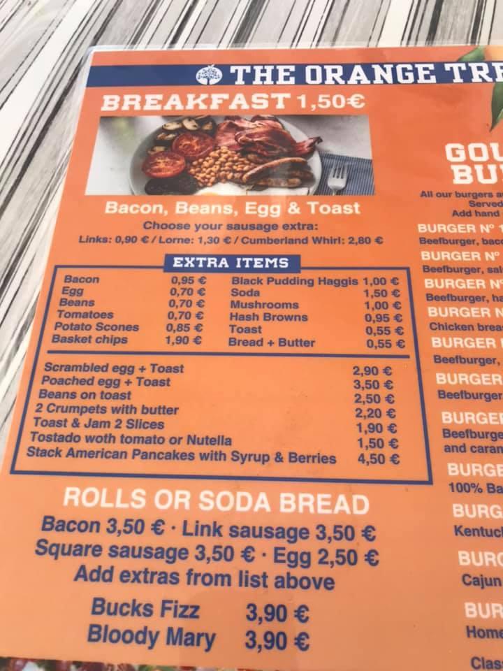 Menu at The Orange Tree restaurant, L'Albir