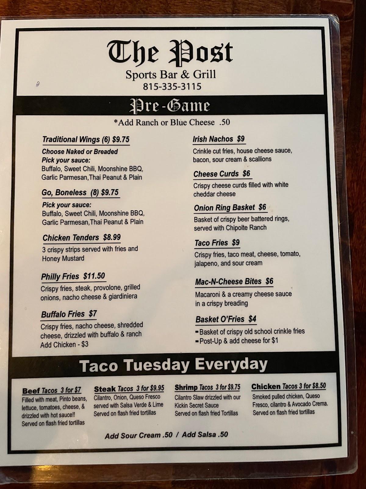 Menu at The Post Sports Bar & Grill, Winnebago
