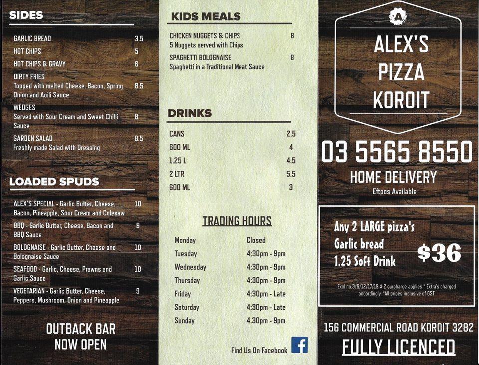 Menu at Alex's Pizza Koroit pizzeria, Koroit