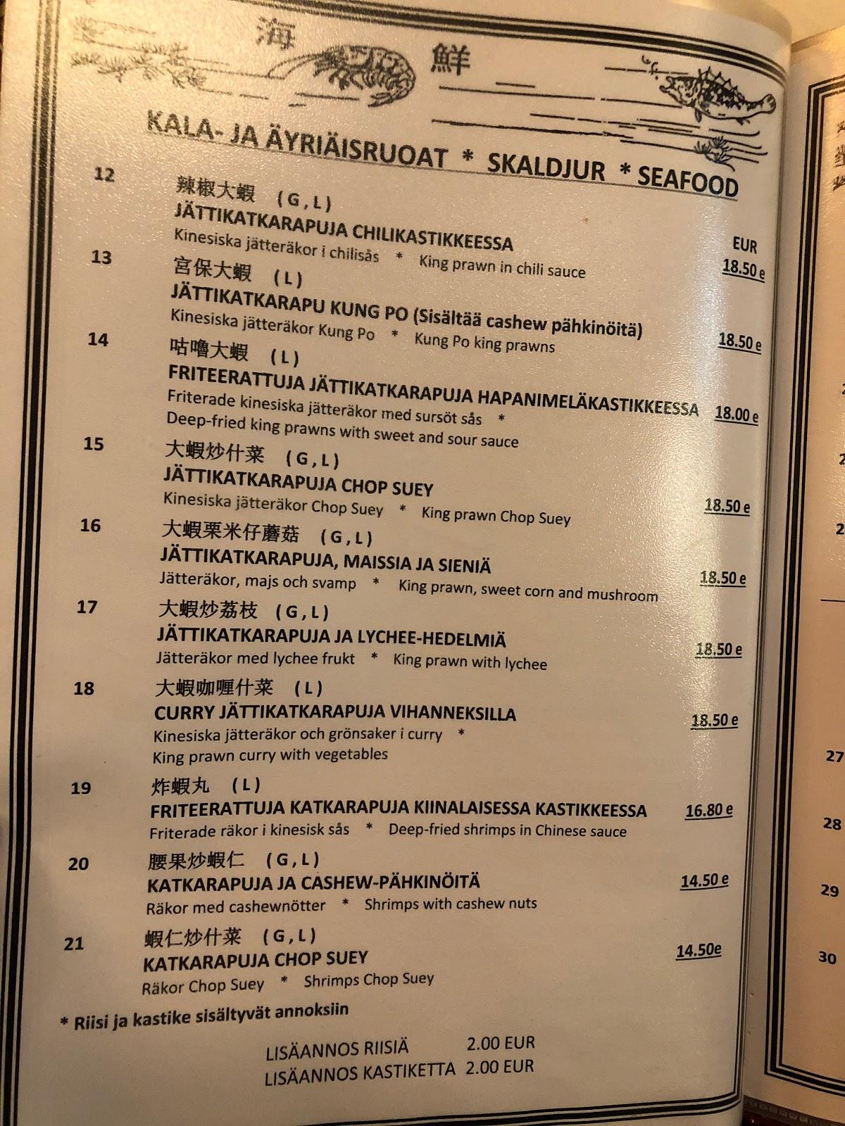 Menu at Nanking restaurant, Helsinki