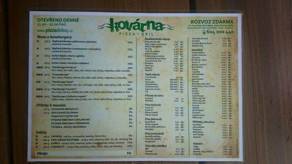 Menu at Pizza Kovárna Doksy pizzeria, Doksy