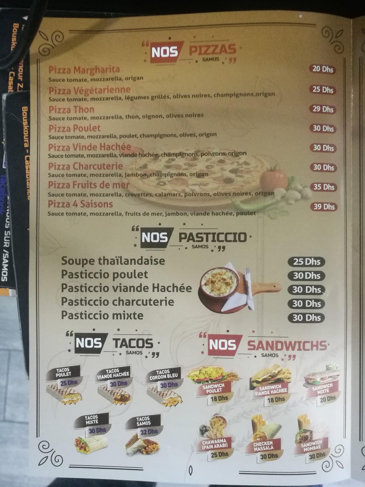 Menu au Samos restaurant, Casablanca