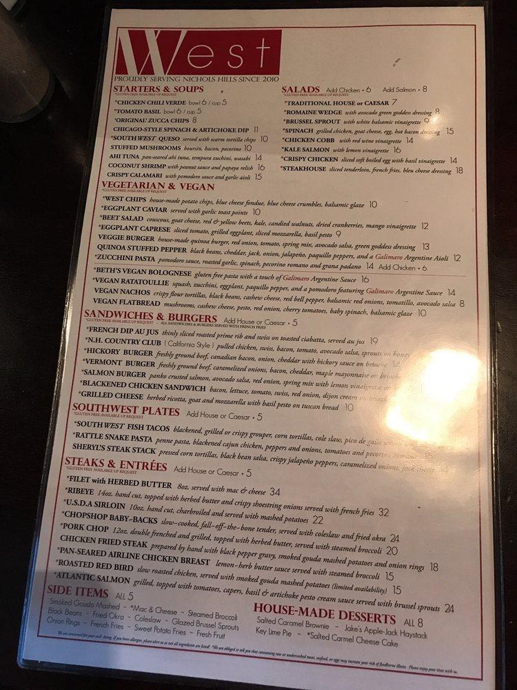 Menu at West restaurant, Oklahoma City, N Western Ave