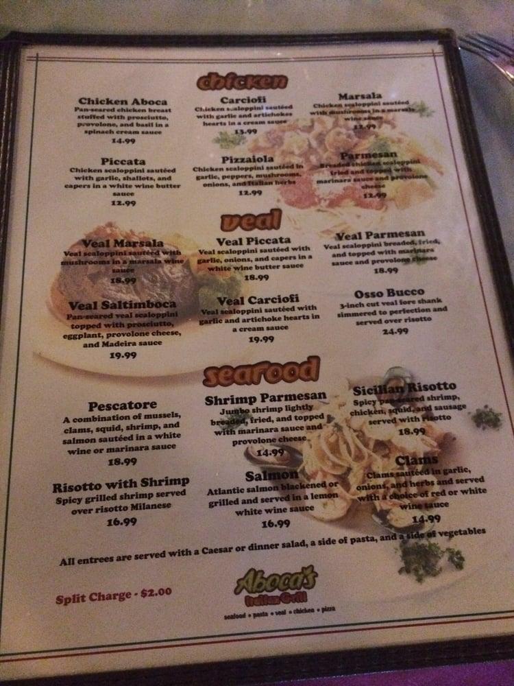 Menu at Aboca's Italian Grill pizzeria, Richardson
