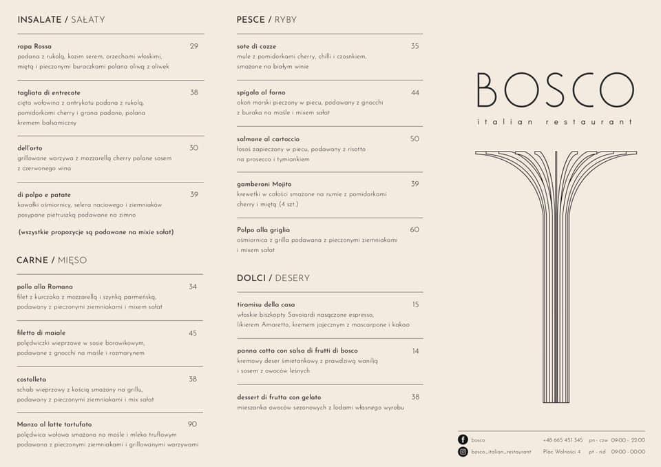 Menu at BOSCO restaurant, Swinoujscie