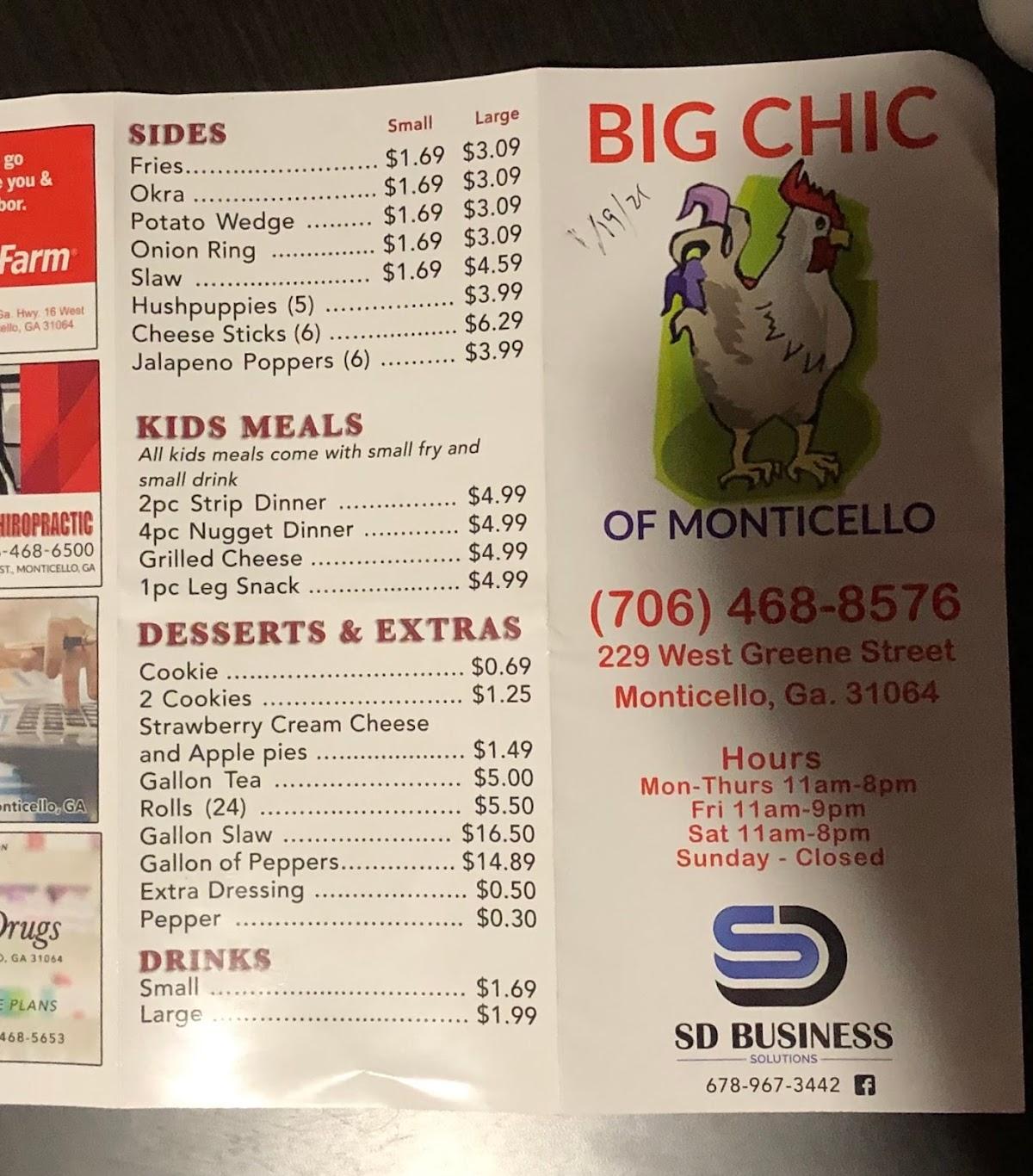 Menu at Big Chic restaurant, Monticello, 229 W Greene St