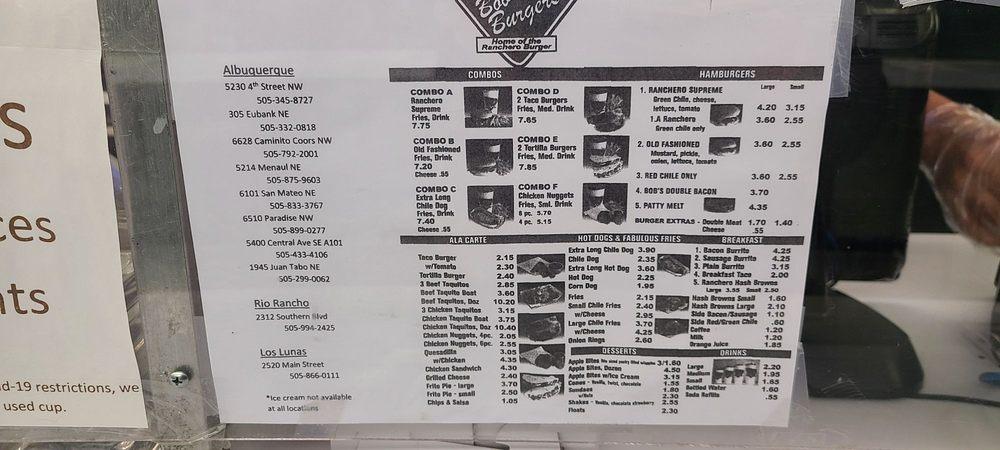 Menu at Bob's Burgers fast food, Albuquerque, San Mateo Blvd NE