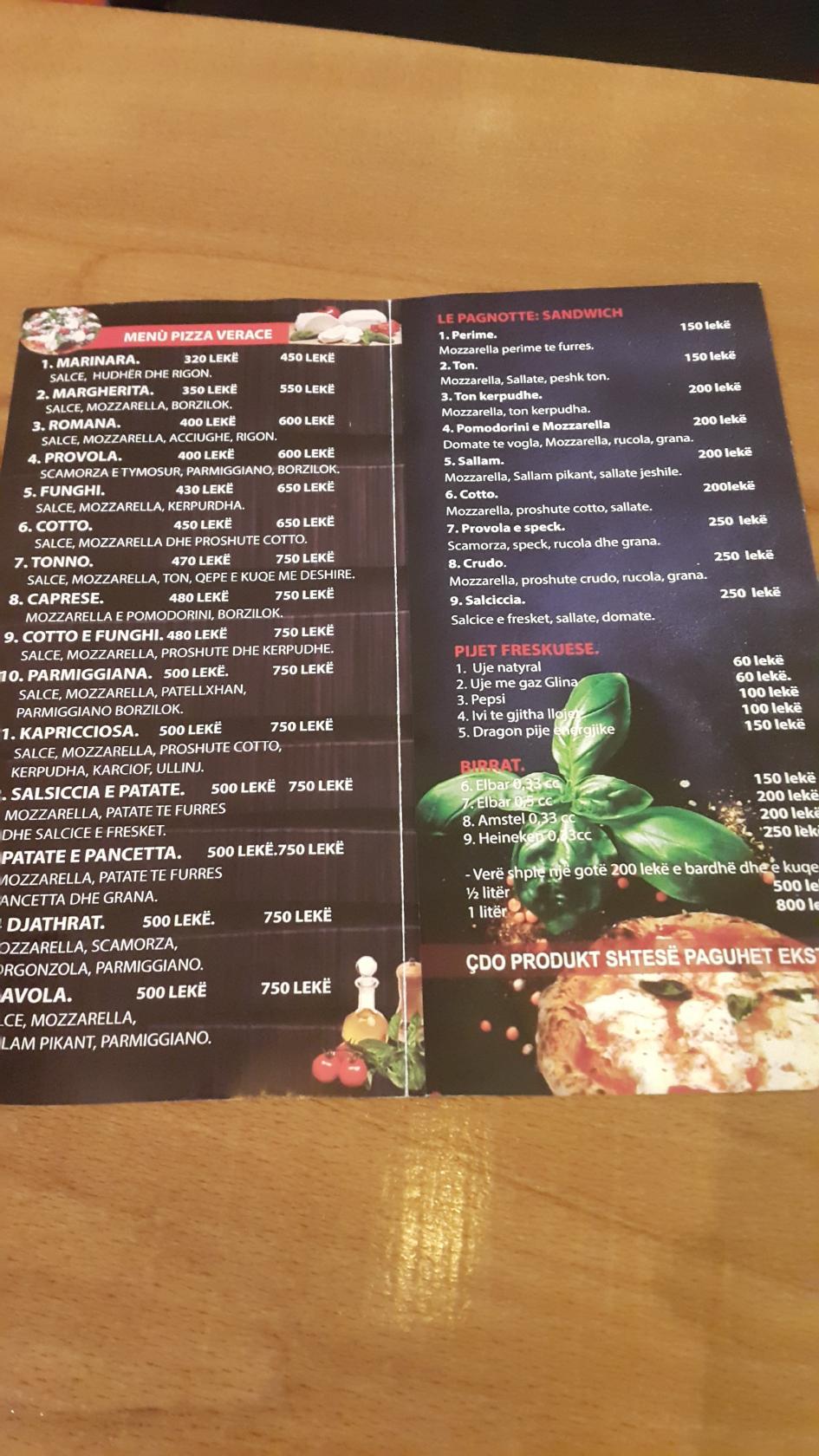 Menu at Pizzarte restaurant, Tirana