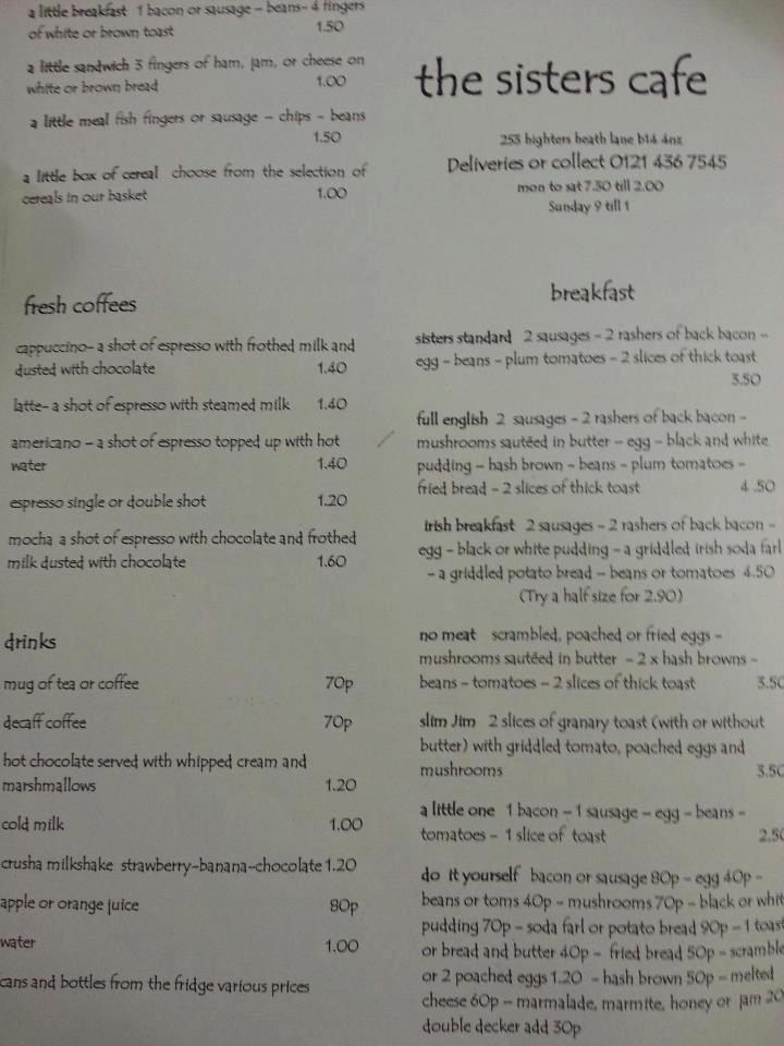 Menu at The Sisters Cafe, Birmingham, 253A Highters Heath Ln