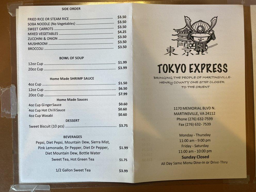 Menu at Tokyo Express restaurant, Martinsville